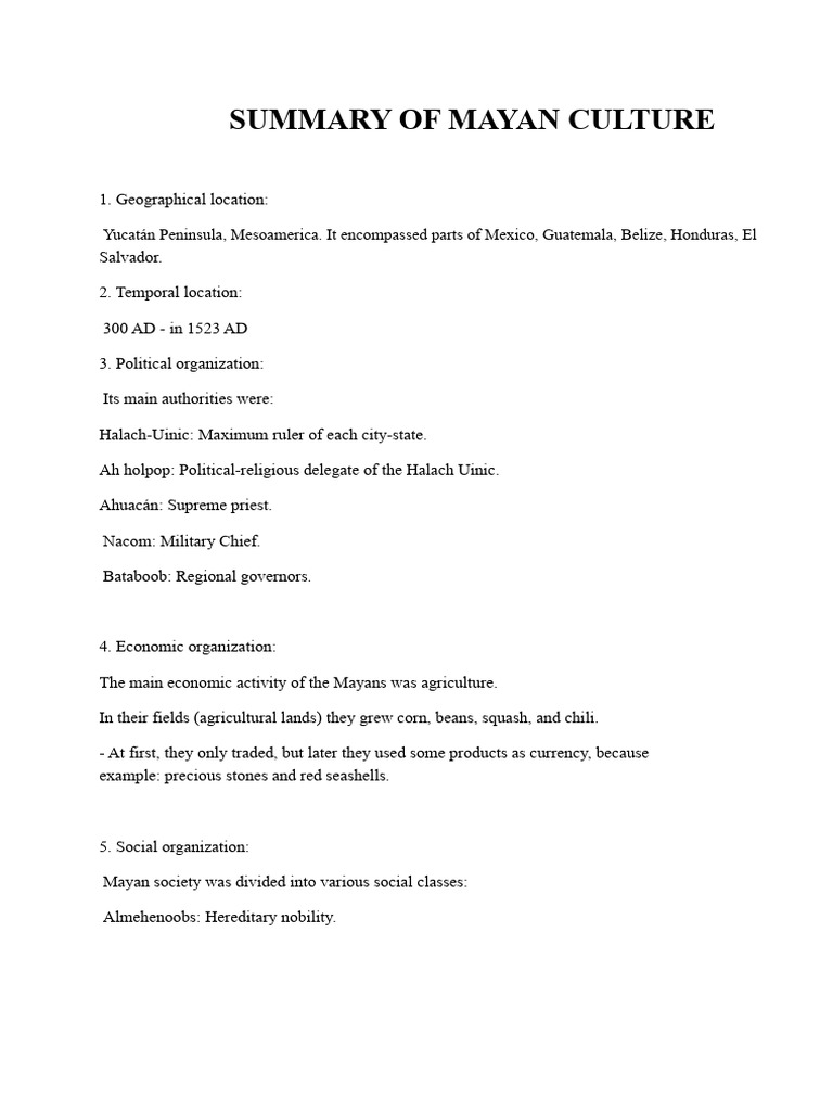 Summary of Maya Culture | PDF | Maya Civilization | Mesoamerica