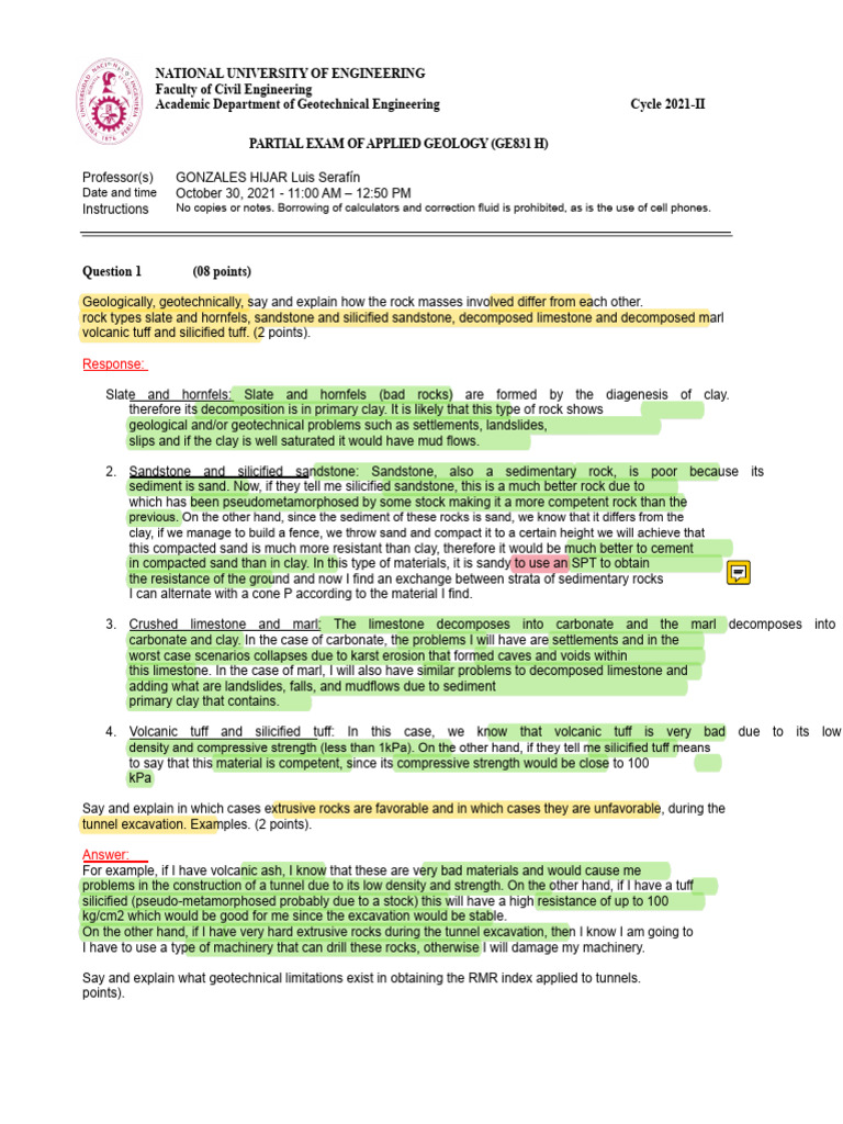 Solution To The Partial Exam Ge 831 H 2021 2 Final | PDF | Rock (Geology) | Limestone