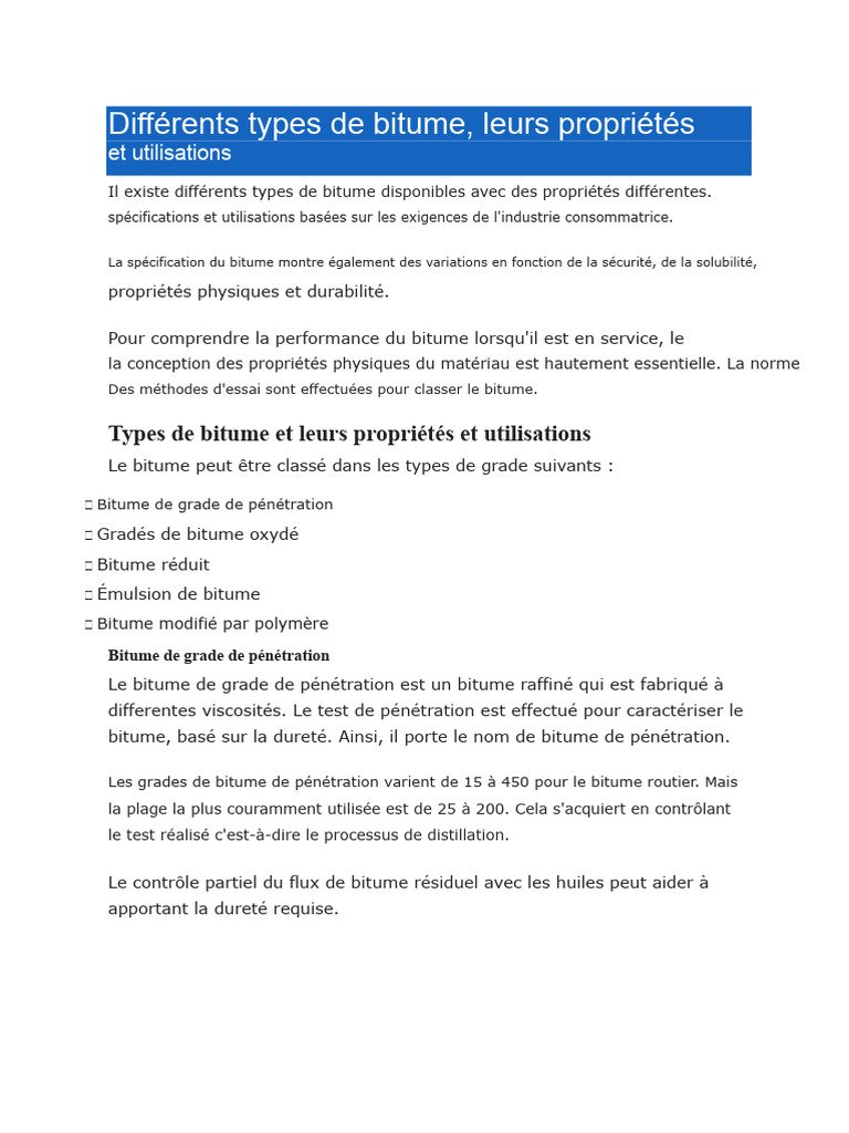 Types de bitume : propriétés et usages | PDF | Émulsion | Plastique