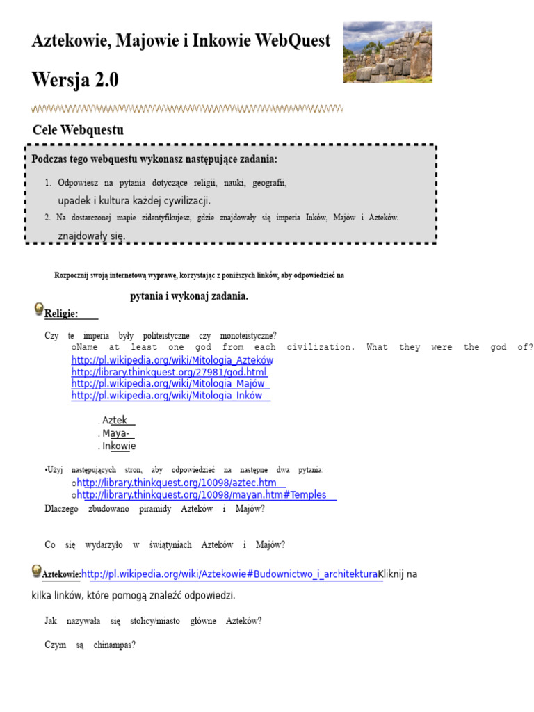 Aztecka Majów Inków Webquest Wersja 2.0 | PDF
