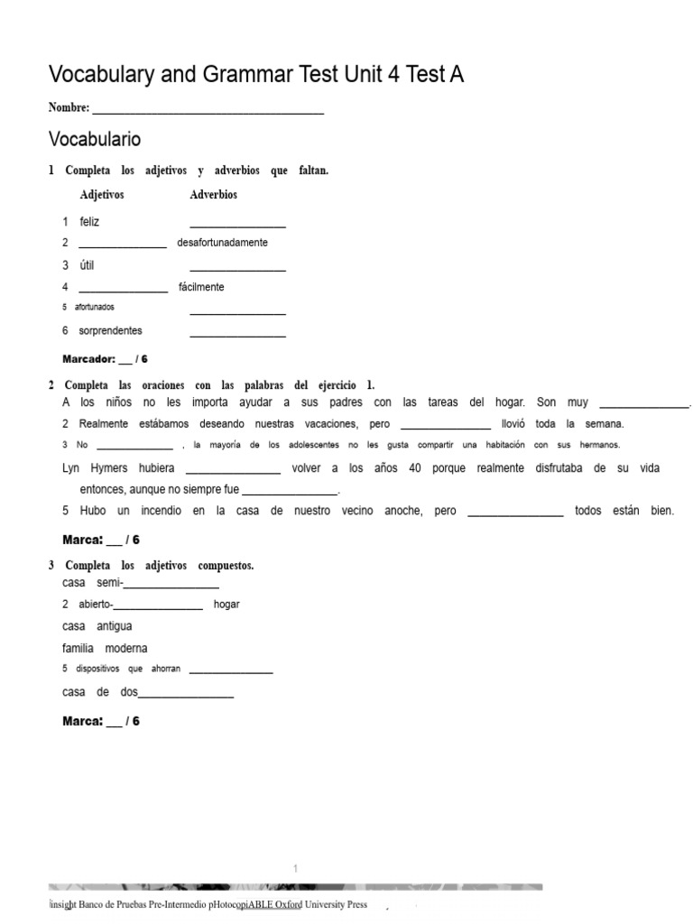 Vocabulario + Gramática Prueba de La Unidad 4 A | PDF | Adverbio