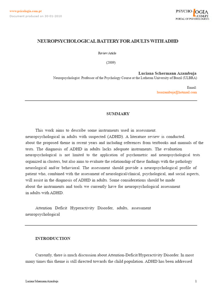 Neuropsychological Battery For Adults With ADHD | PDF | Attention ...