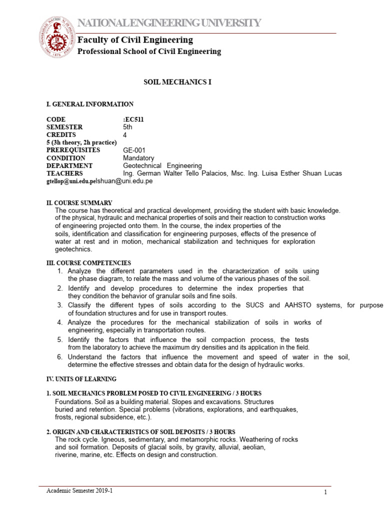 Syllabus DAIG-EC 511 - Soil Mechanics I - 2019-1 | PDF | Soil | Rock ...
