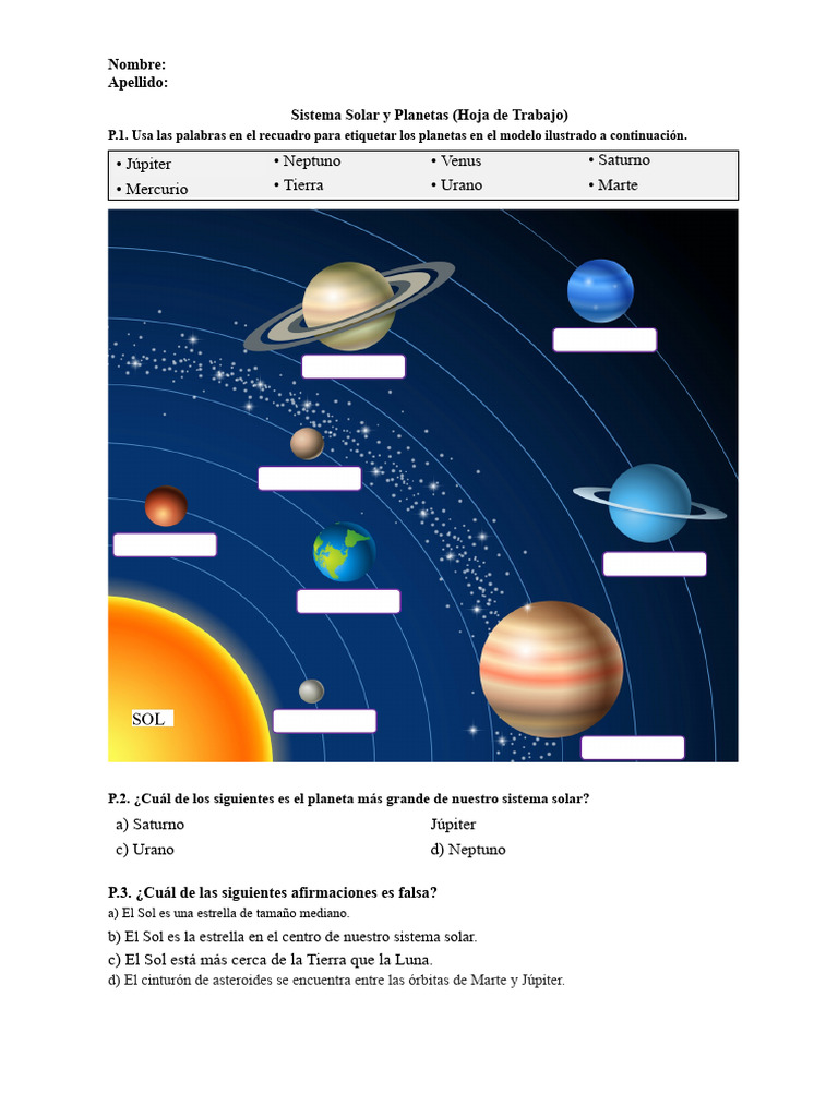 Hoja de Trabajo Del Sistema Solar y Los Planetas Actividad de Caballete ...