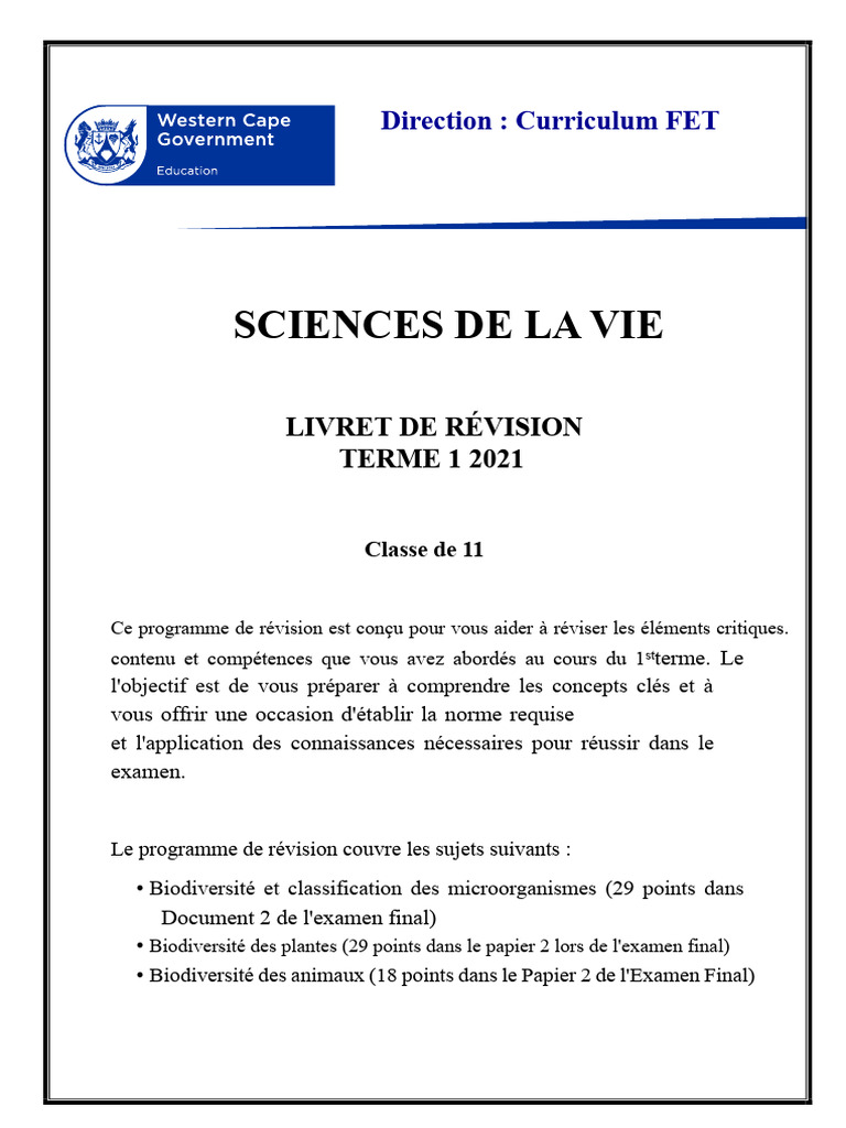 Sciences de La Vie Révision de La 11e Année Terme 1 - 2021 | PDF ...