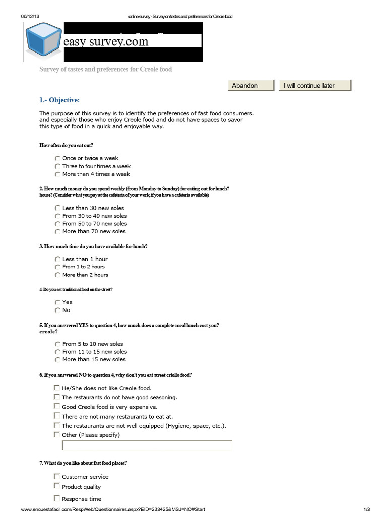 Online Survey | PDF | Lunch | Cooking
