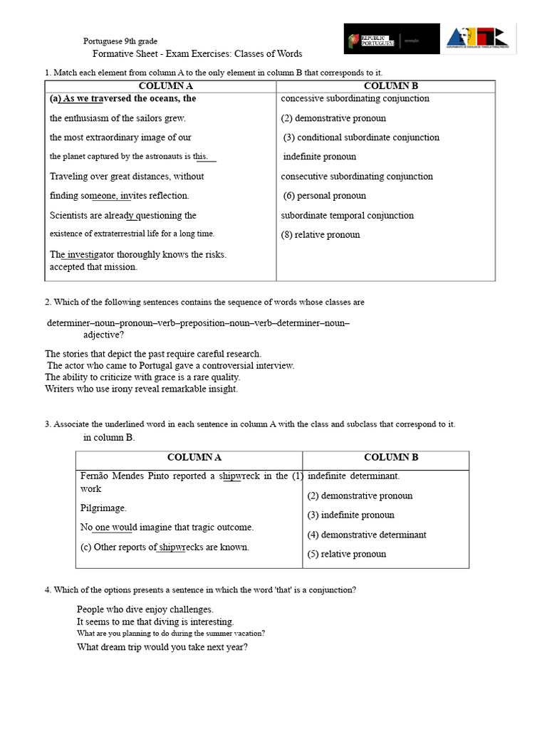 Word Class Sheet 9th Grade | PDF | Pronoun | Verb
