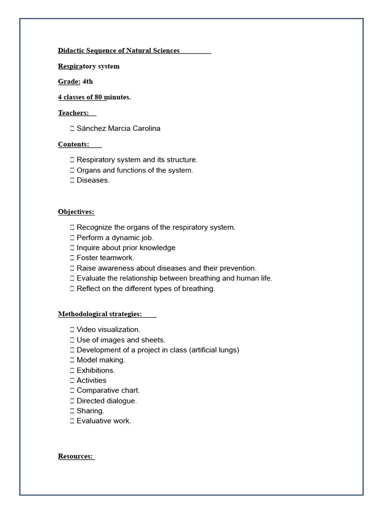 4th Grade Respiratory System Lesson Plan | PDF | Respiratory Tract | Lung
