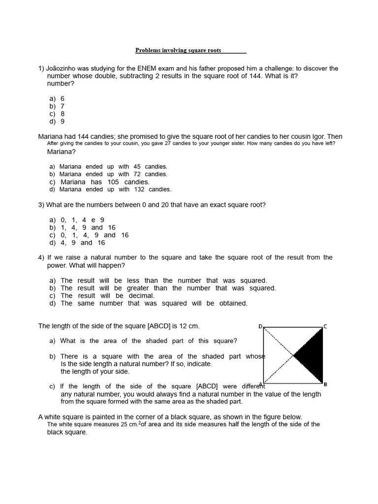 Problems Involving Square Roots | PDF | Area | Numbers