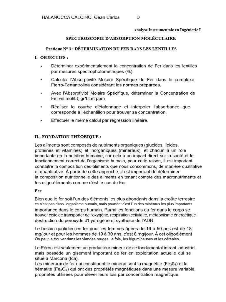 Détermination du Fer dans les Lentilles | PDF | Fer | L'absorbance