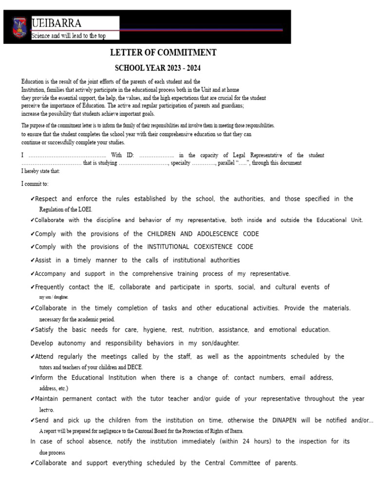 2023-2024 School Year Commitment Letter | PDF