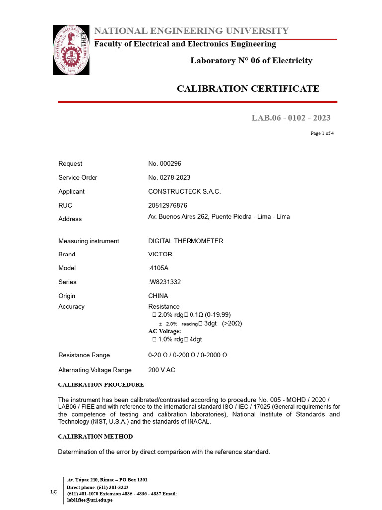 Calibration Certificate for Digital Thermometer | PDF | Calibration ...