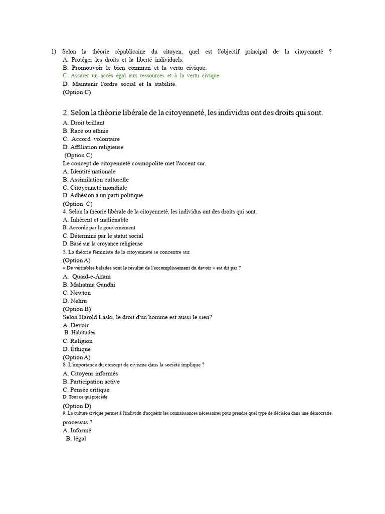 Questions À Choix Multiples de Civisme | PDF | Démocratie | Idéologies ...