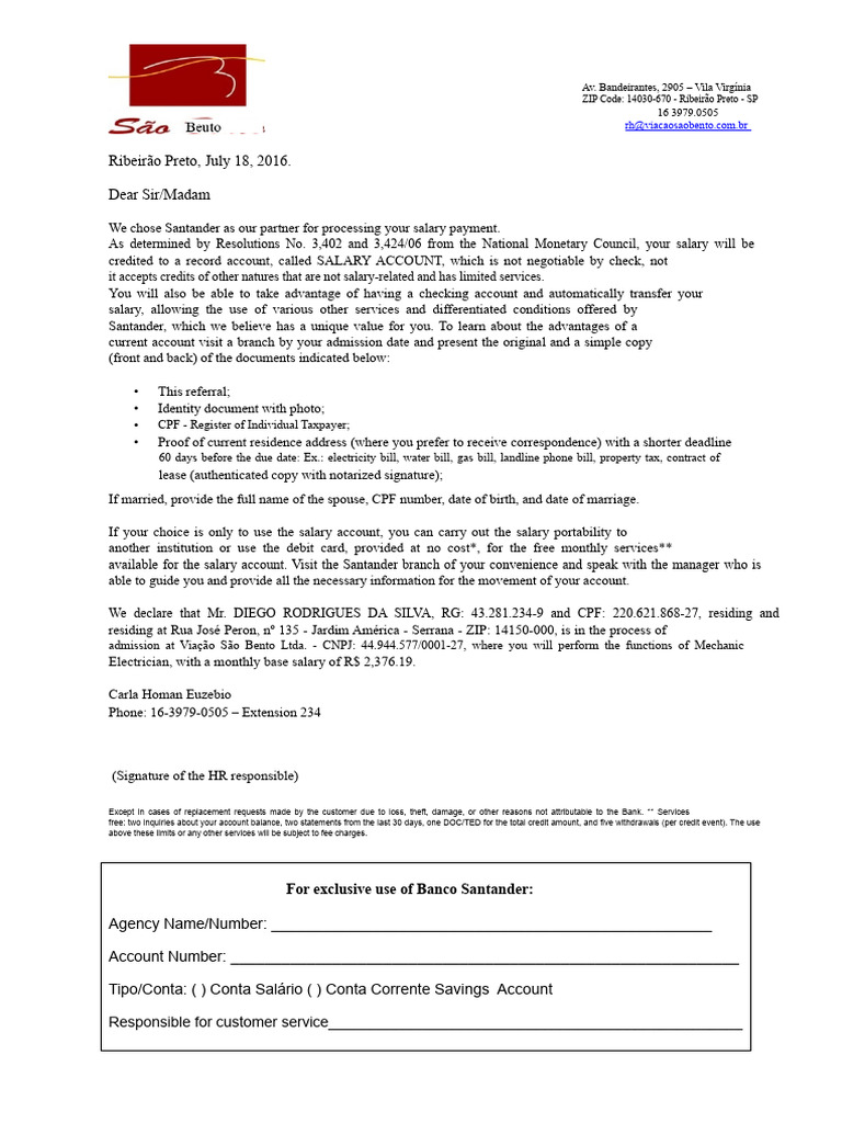 Letter For Account Opening - Santander | PDF | Payments
