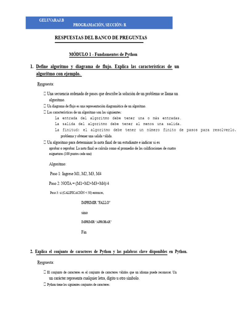 Banco de Preguntas Del Módulo 1 de Python - Respuestas | PDF | Python (lenguaje de programación ...