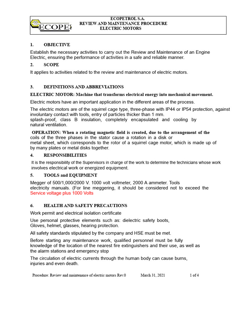 Procedure For Review and Maintenance of Electric Motors | PDF ...