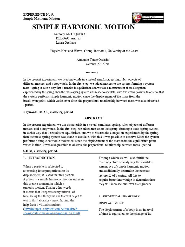 Simple Harmonic Motion Experiment Analysis | PDF | Oscillation ...