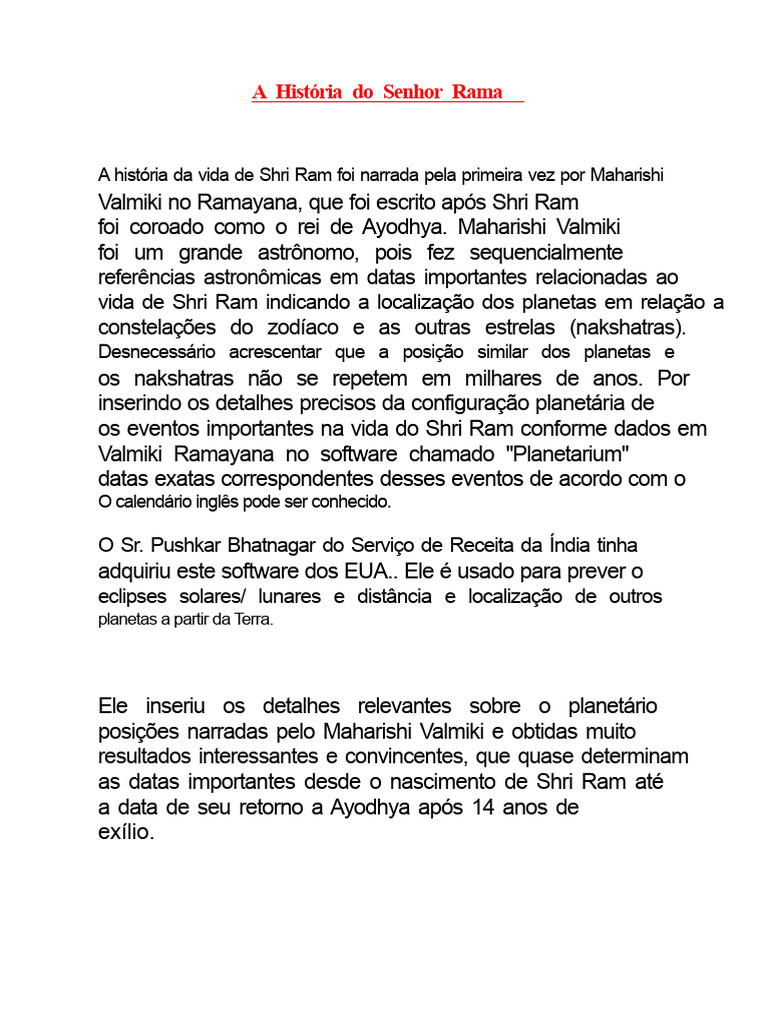 A Vida e Legado de Shri Ram: Fatos Históricos | PDF | Ramayana | Zodíaco