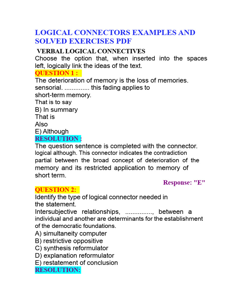 Logical Connectors: Examples & Exercises | PDF | Causality | Space