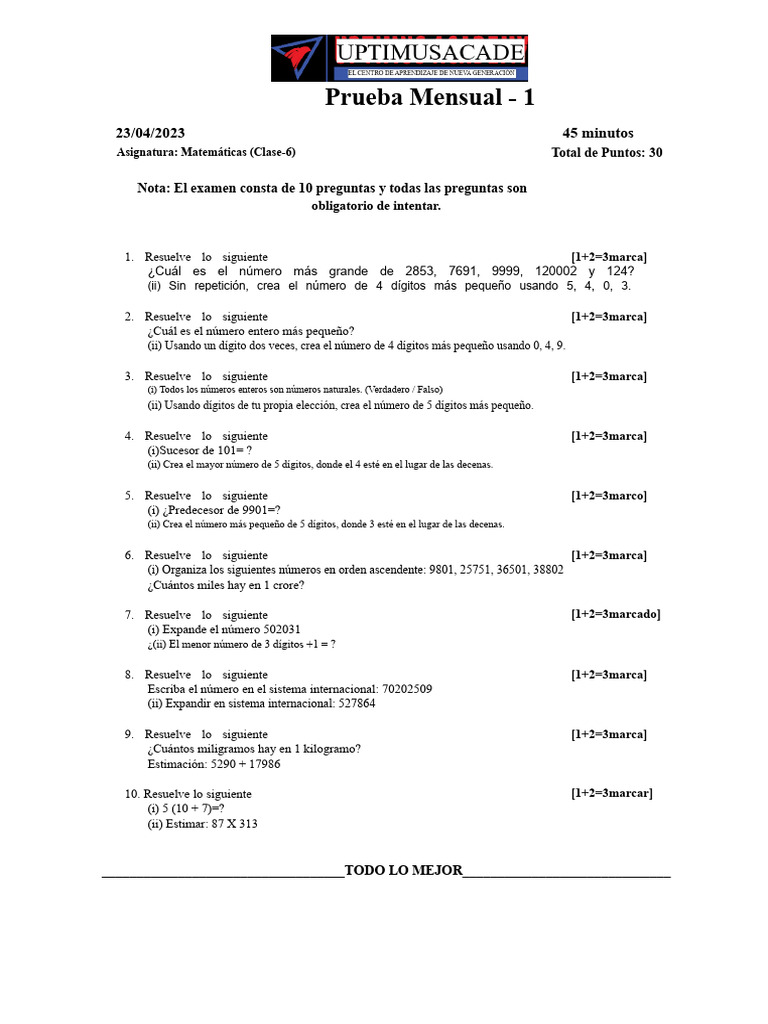 Prueba Mensual de Matemáticas Clase 6-1 | PDF | Aritmética | Matemáticas