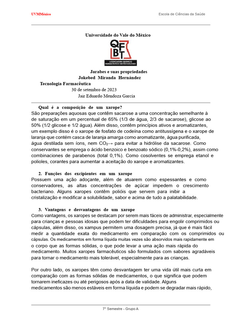 Propriedades e Tipos de Xaropes Farmacêuticos | PDF | Xarope | Açúcar