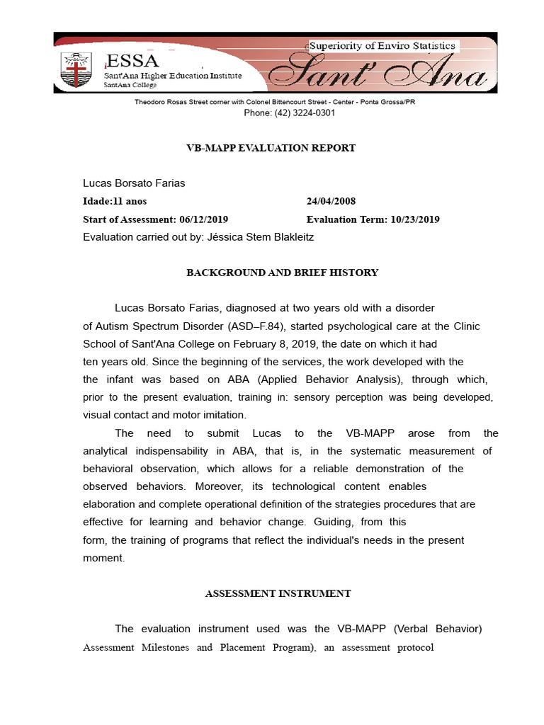 VB-MAPP Evaluation Report for Lucas Farias | PDF | Word | Phrase