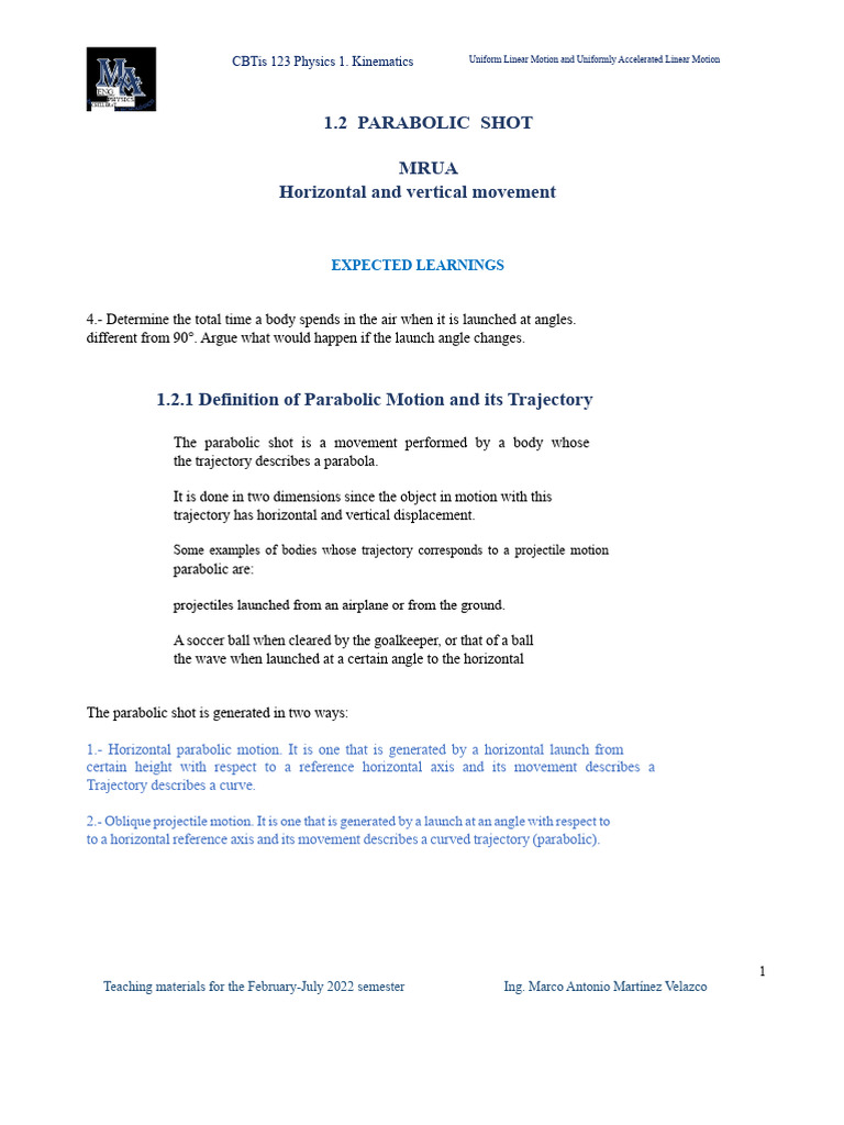 1.2.1 Parabolic Shot | PDF | Kinematics | Physics