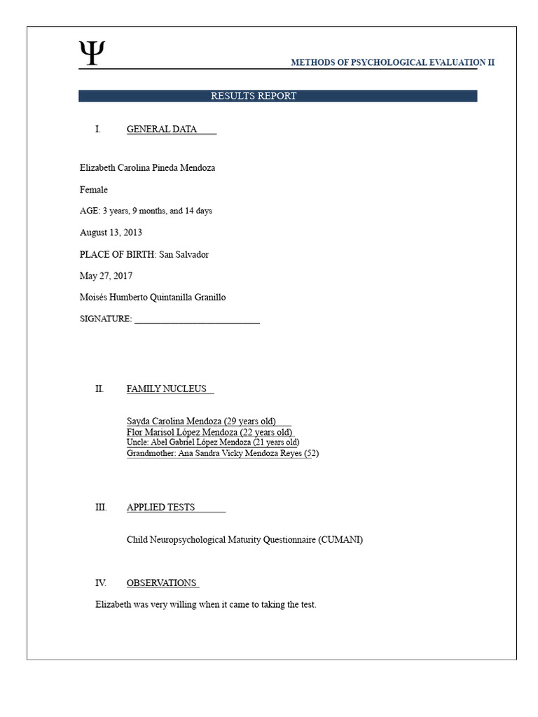 Report On The Child Neuropsychological Maturity Questionnaire (CUMANI ...