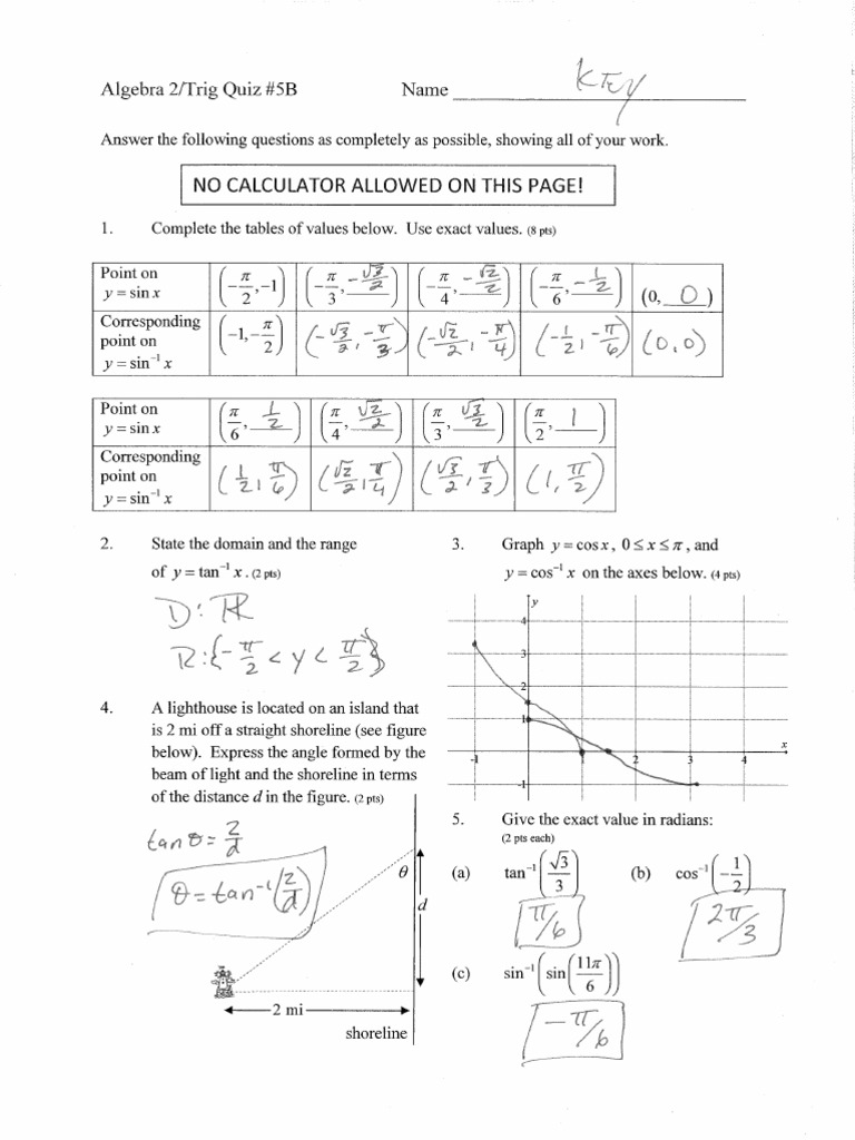 Algebra 2/Trig Quiz #5B Answer Key | PDF