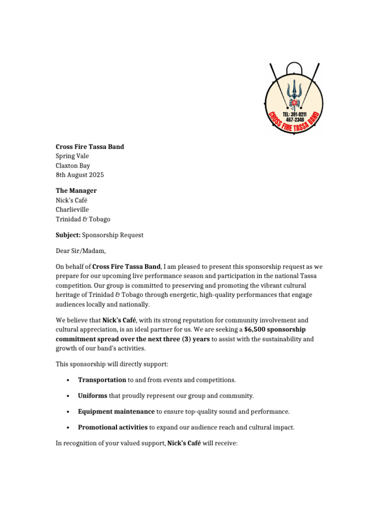 Cross Fire Tassa Band Sponsorship Request | PDF