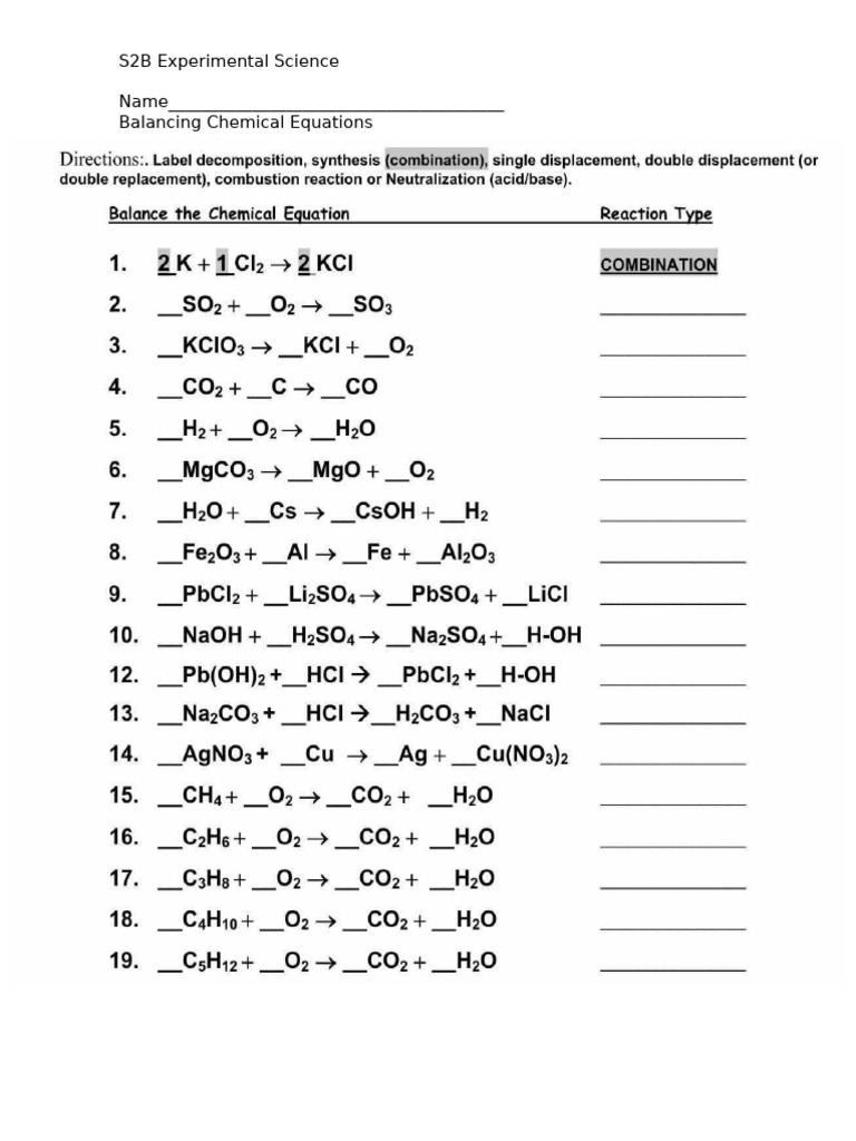 Balancing Chemical Equations - Practice 1 | PDF