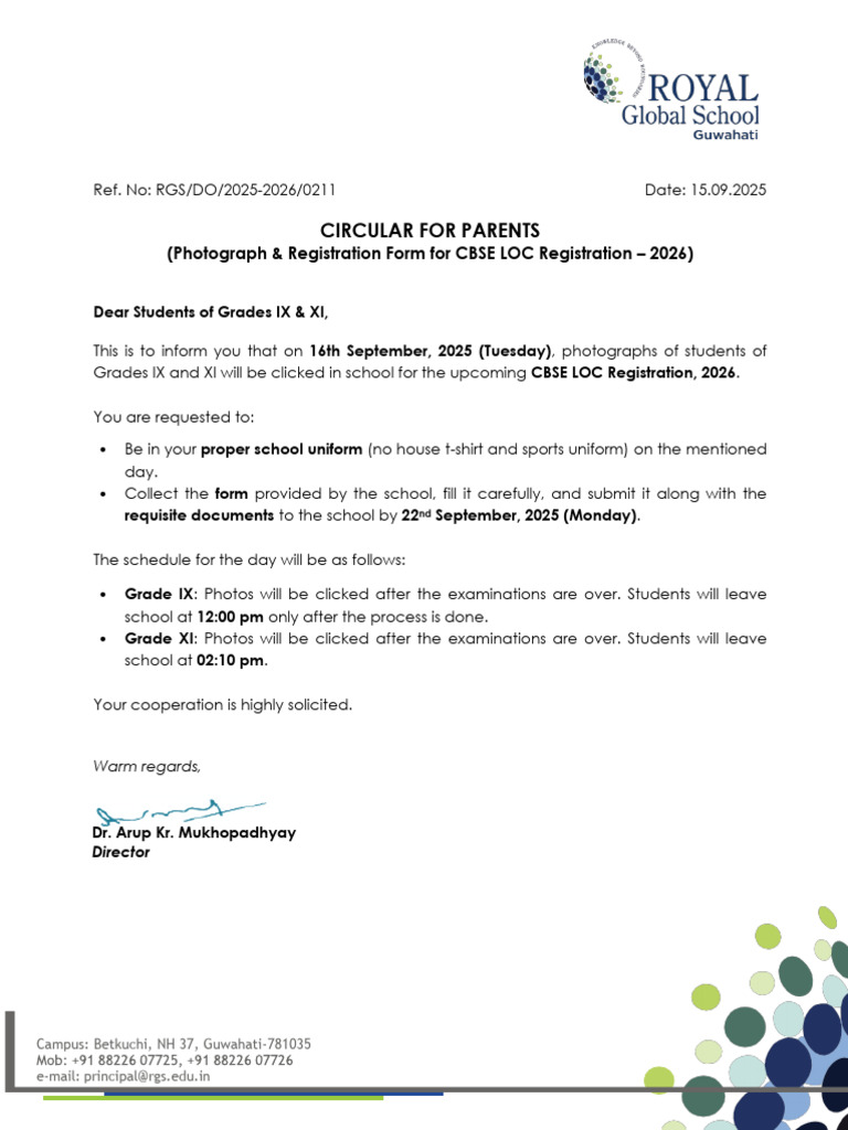 0211 - Circular For Students - Photograph & Registration Form For CBSE ...
