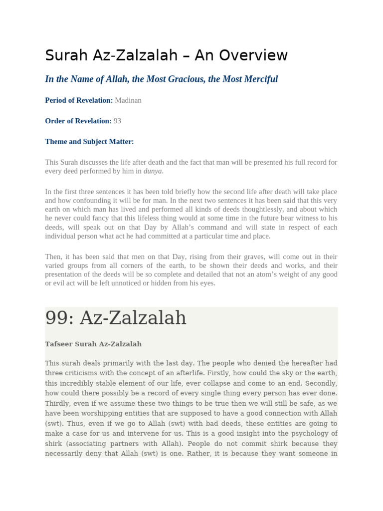 Understanding Surah Az-Zalzalah | PDF | God In Islam | Allah