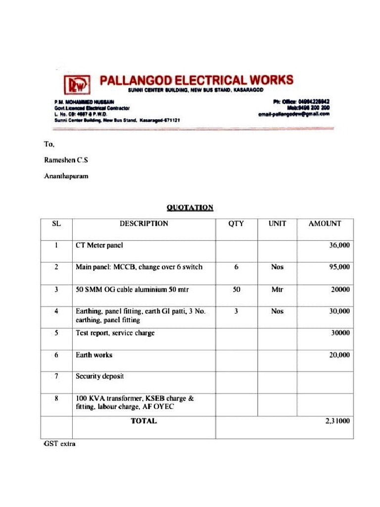 Electrical Panel and Transformer Quotation | PDF