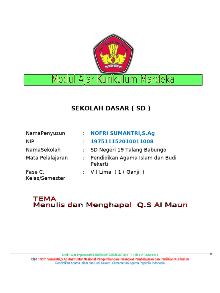 Modul Ajar Kelas 5 Bab 1 Menulis Surat Al Maun Ocx | PDF
