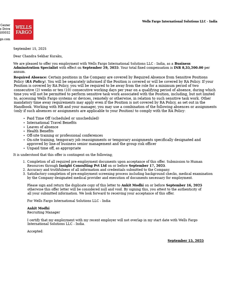 Wells Fargo Offer Letter for Chandra Sekhar | PDF | Background Check ...