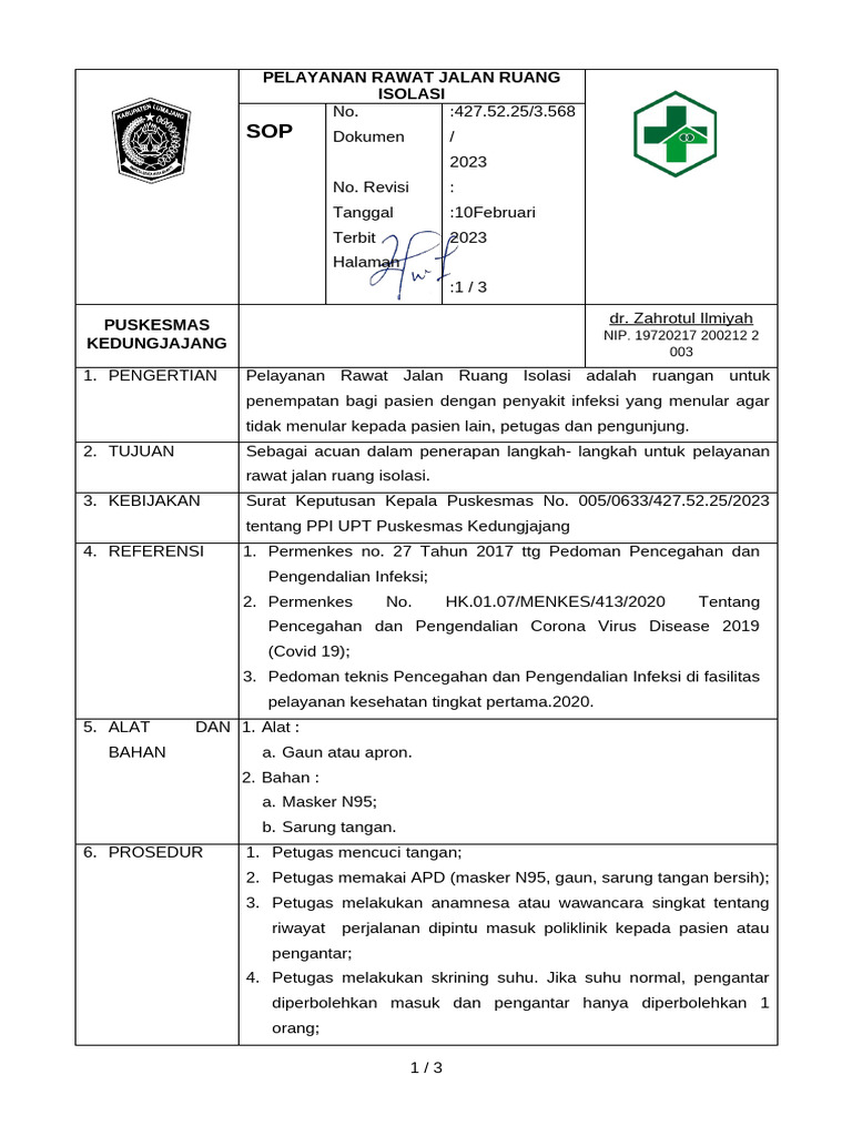 Sop Pelayanan Rawat Jalan Ruang Isolasi | PDF