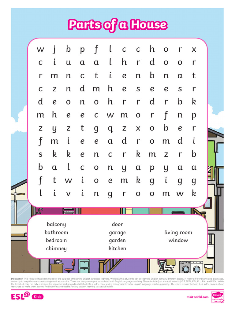 T e 1728543269 Esl Parts of A House Word Search Kids A1 Ver 1 | PDF ...