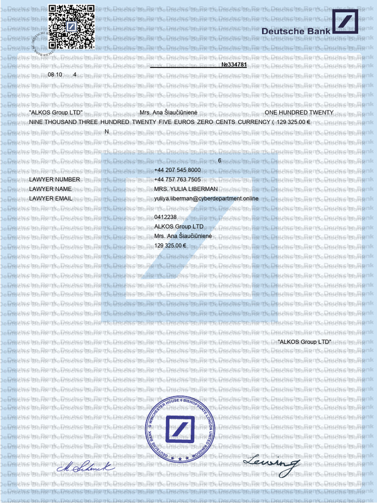 Deutsche Bank Proof of Funds - ALKOS Group | PDF