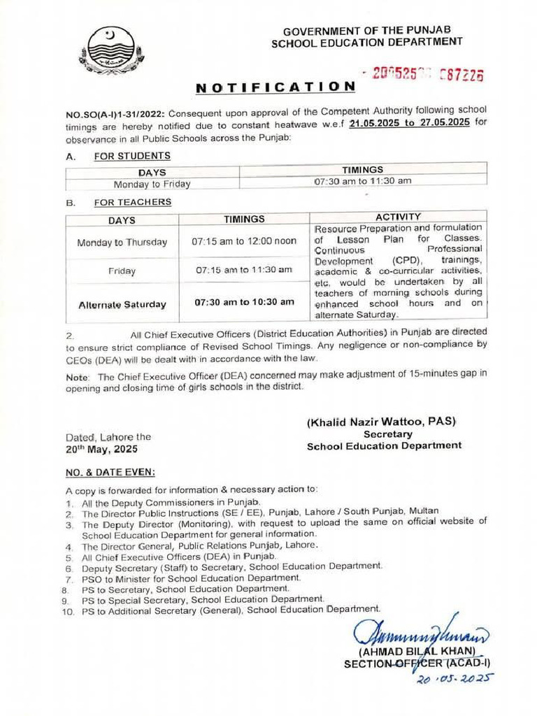 Notification Regarding School Timing | PDF