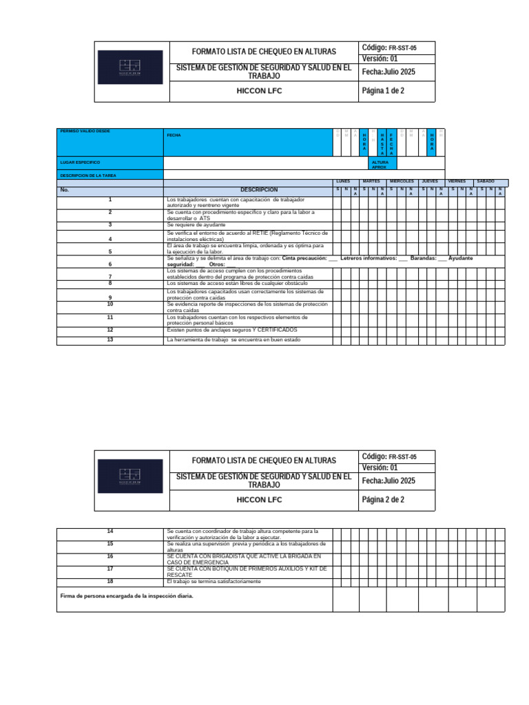 Lista de Chequeo para Trabajos en Altura | PDF