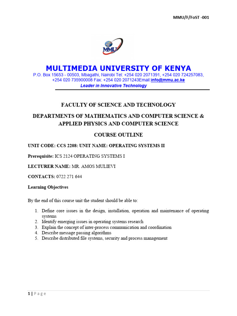 Ics 2208 2312 Operating Systems II Course Outline 1 | PDF | Operating System | Distributed Computing