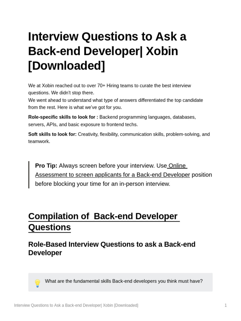 Interview Questions To Ask A Back-End Developer Xobin Downloaded | PDF ...