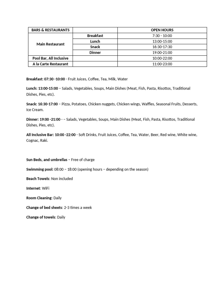 Dining Hours and Amenities Overview | PDF
