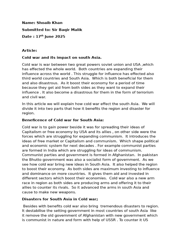 Cold War and Its Impact On South Asia. | PDF | Cold War | Communism