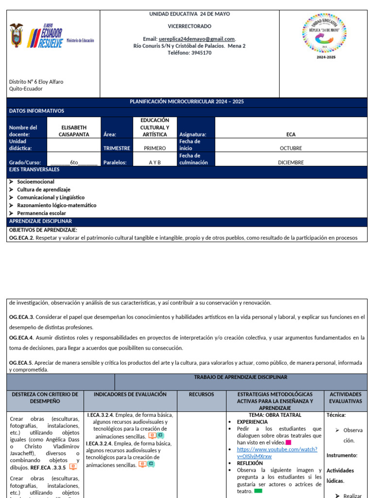 Planificación Microcurricular ECA 2024-2025 | PDF | Evaluación ...