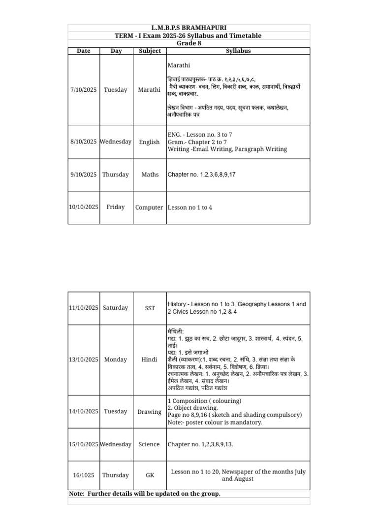 Time' Table and Syllabus For Grade 8 | PDF