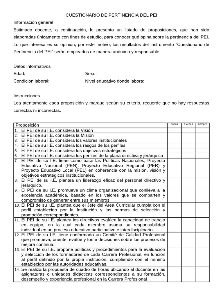 Cuestionario sobre Pertinencia del PEI | PDF | Maestros | Evaluación