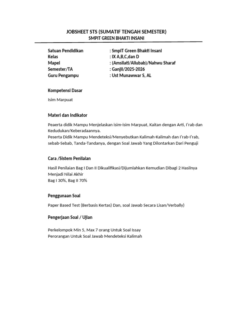 JOBSHEET STS Amsilati Kls IX All Class # | PDF