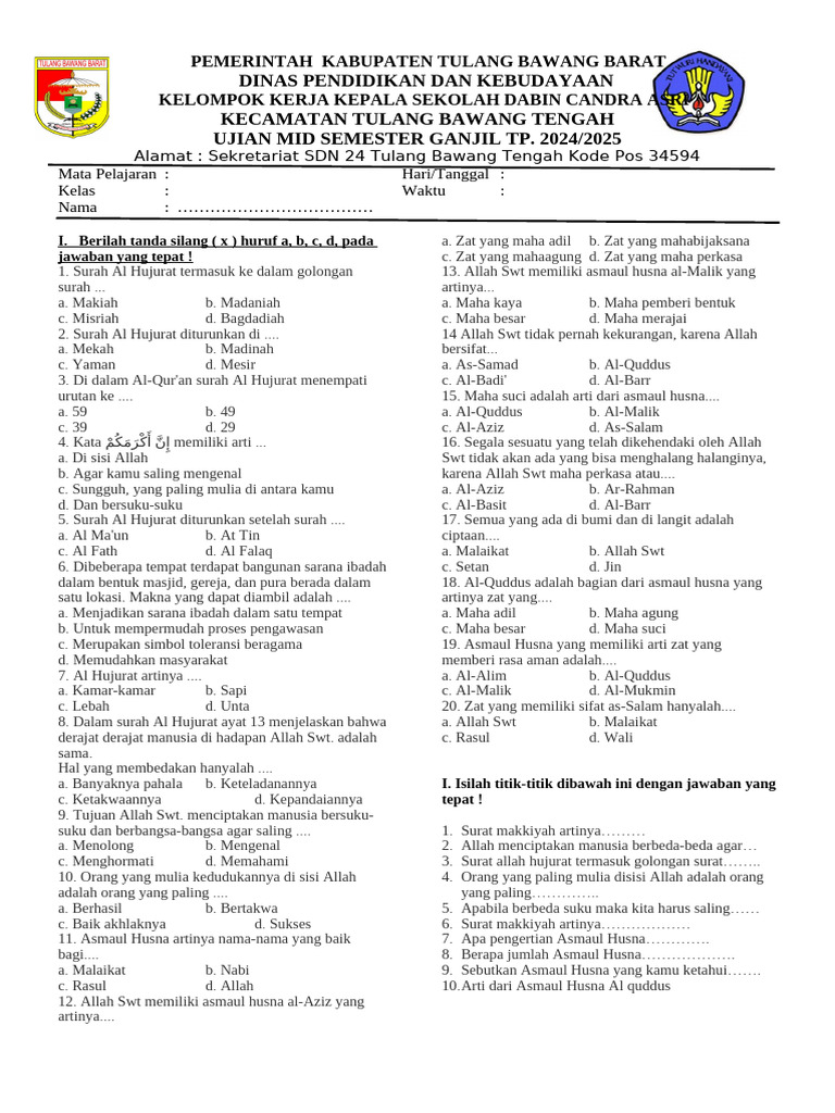 Soal Uts Kelas 4 Semester 1 | PDF